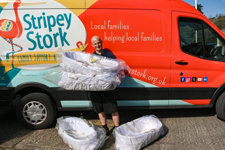 Stripey Stork van delivering Moses baskets for safe sleep - Stripey Stork